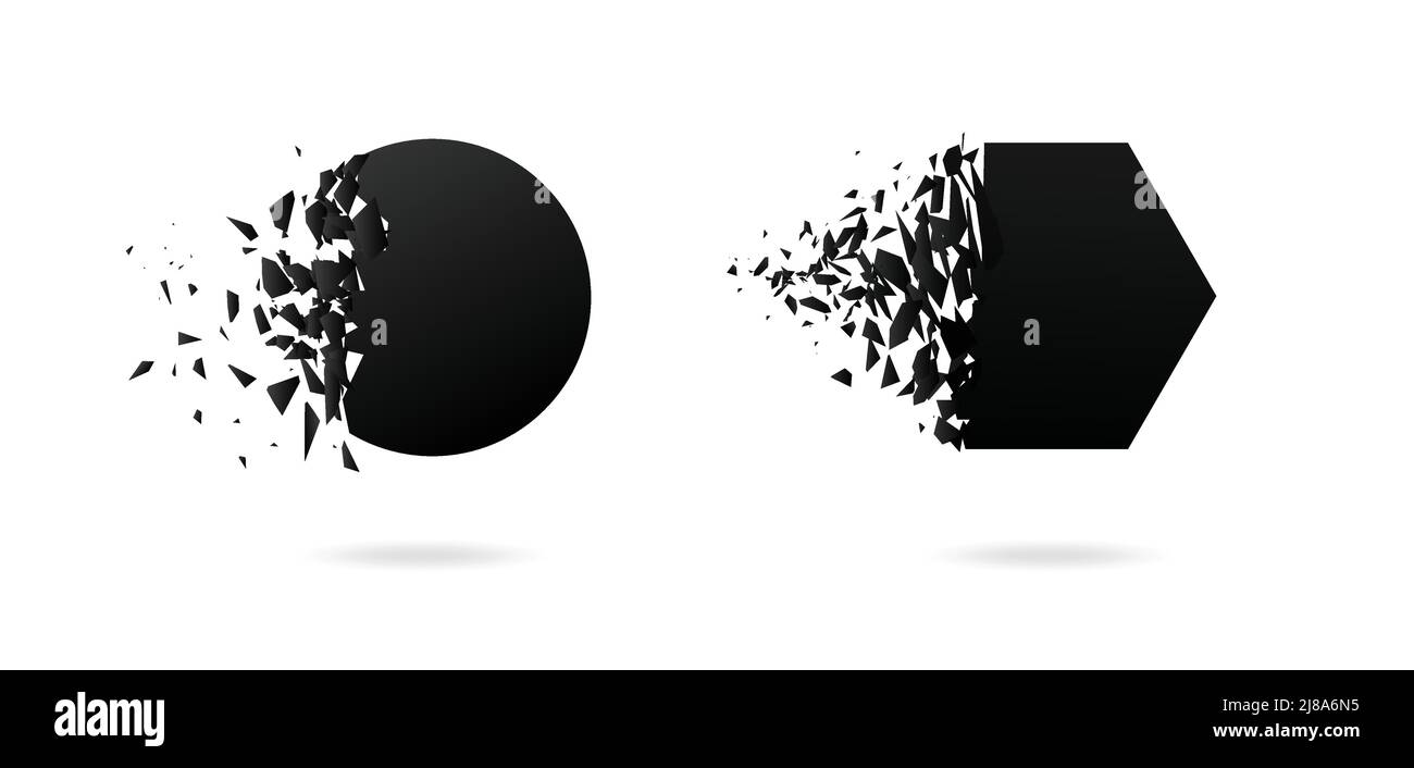 Black hexahedron, circle with explosion effect on white background with ...