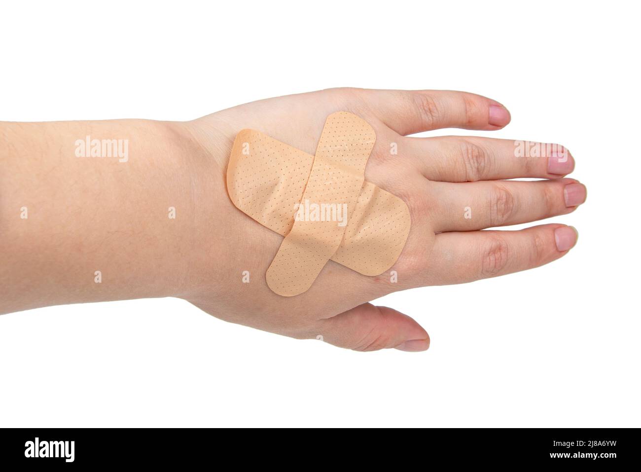 Medical big elastic plaster on woman hand isolated on the white ...