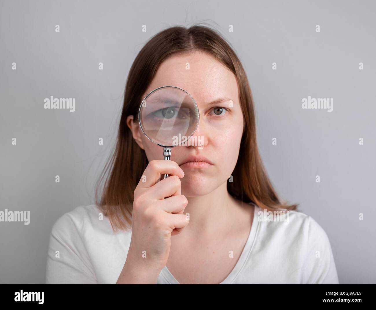 Eye problem, disease concept. Pain, ache and eyesight checking. Woman ...