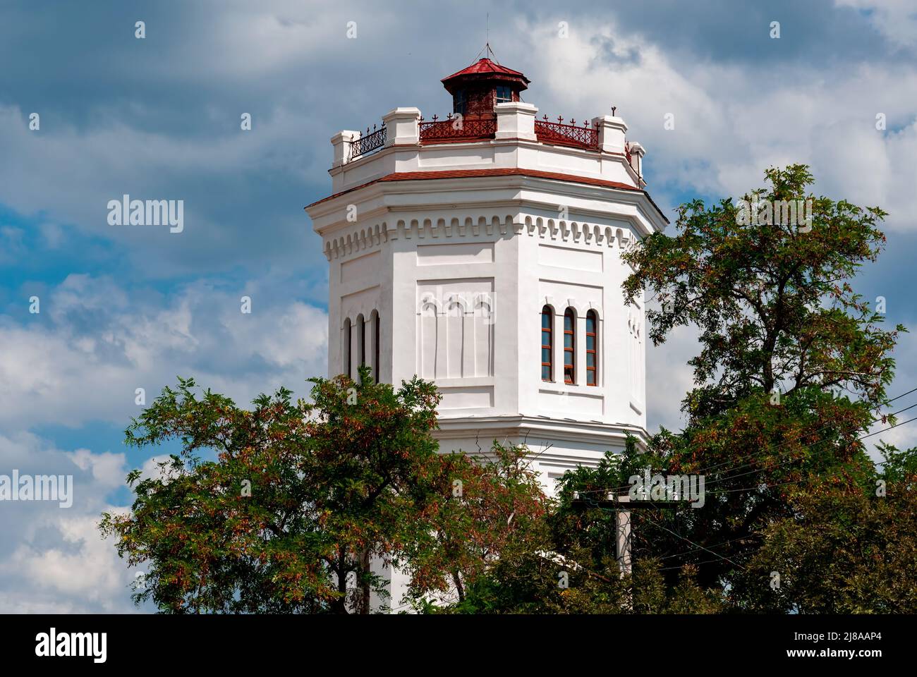 Old water tower. Industrial facility.Top view image with copy space ...