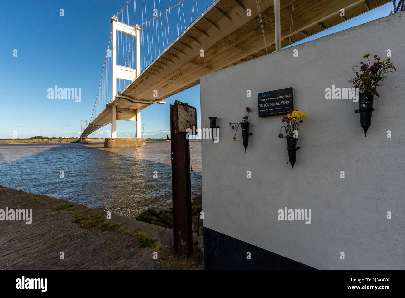 SARA dedication plaque, Beachley ferry. M48 River Severn Bridge linking ...