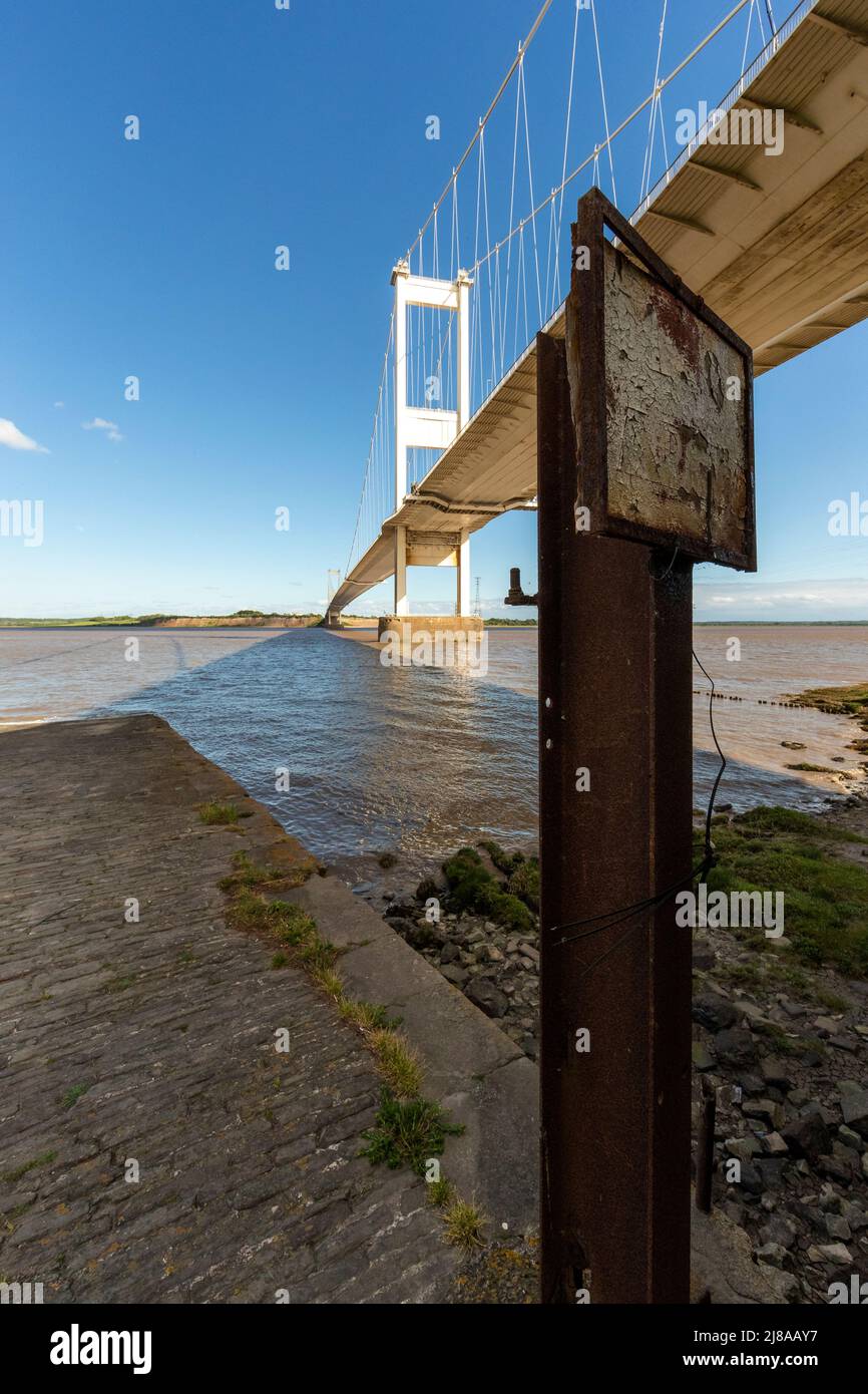 Old no parking sign, Beachley ferry. M48 River Severn Bridge linking ...