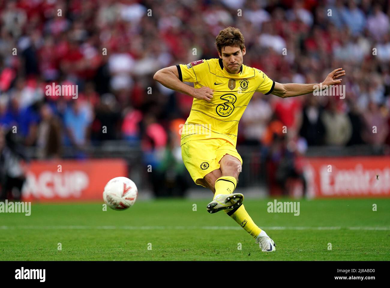 Chelsea's Marcos Alonso scores during the penalty shootout during the ...