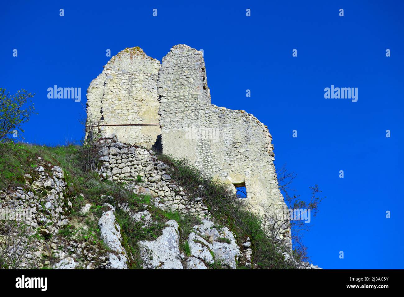 Rocca Calascio, view of ruins of mountaintop medieval fortress. The ...