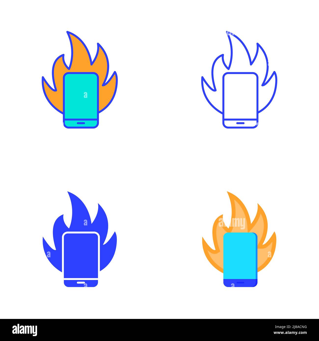 Smartphone on fire icon set in flat and line style. Mobile phone ...