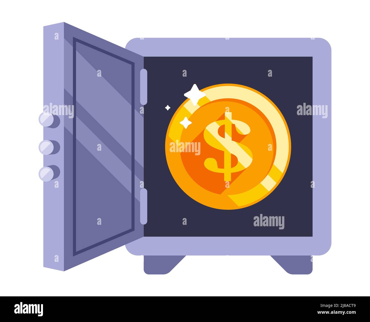 open iron safe with a gold coin inside. flat vector illustration Stock ...