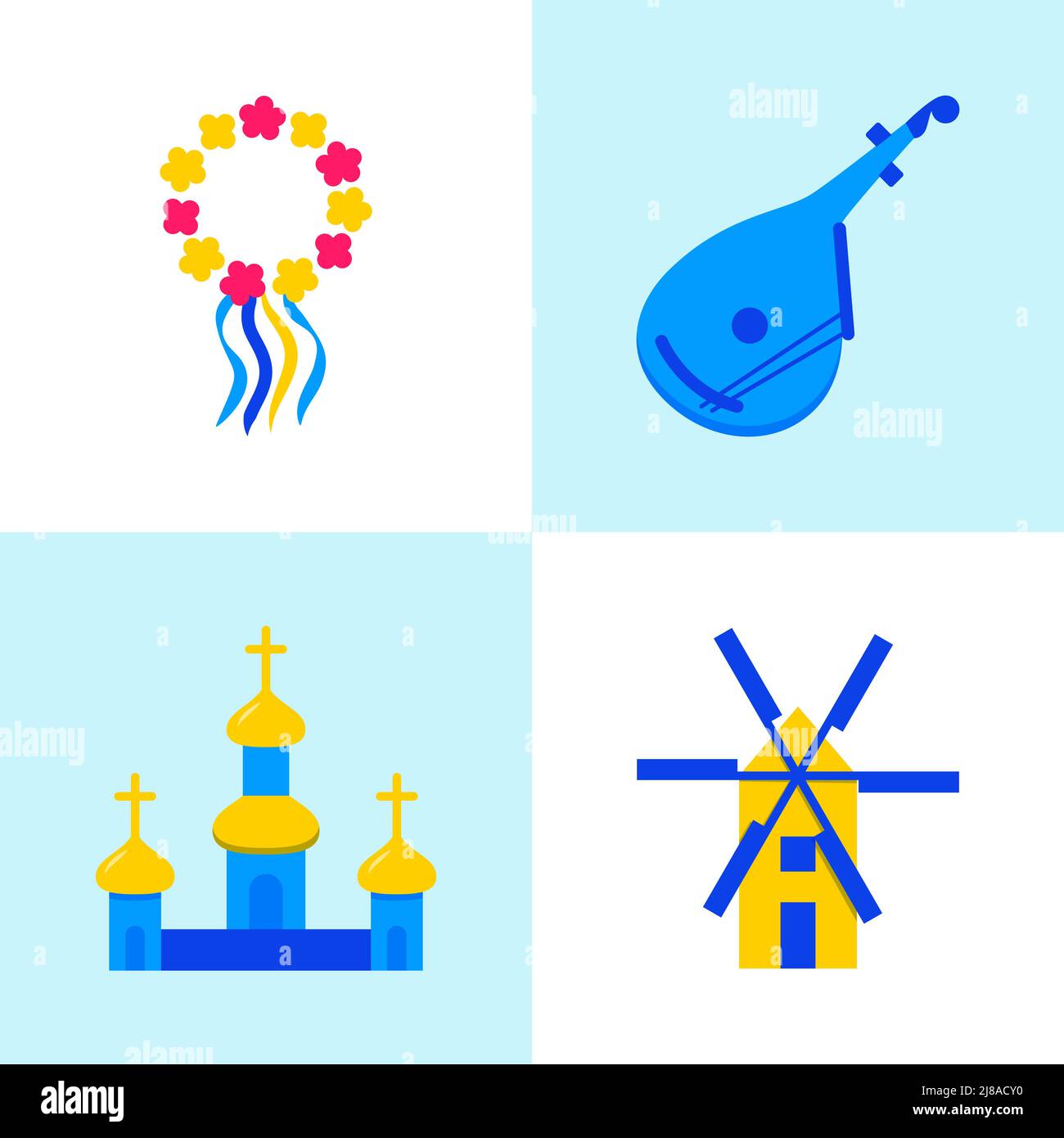 Ukrainian national symbols icon set in flat style. Windmill, christian ...