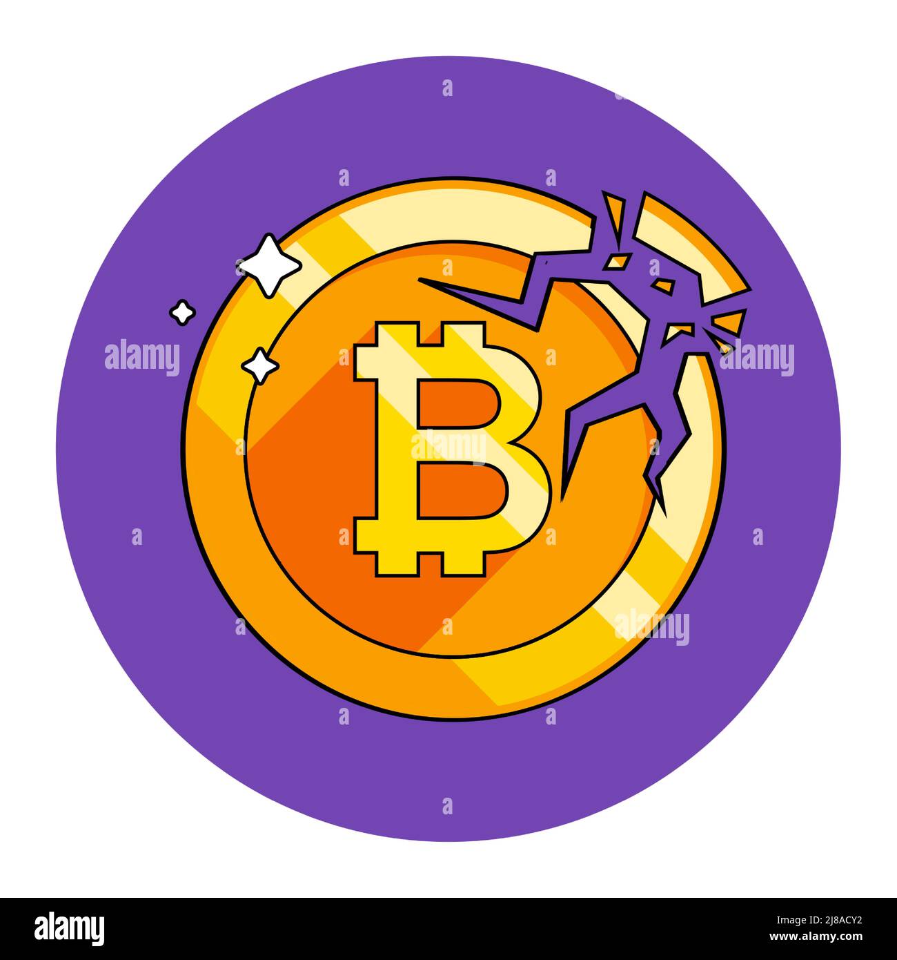 the gold bitcoin coin has cracked and is breaking apart. flat vector ...