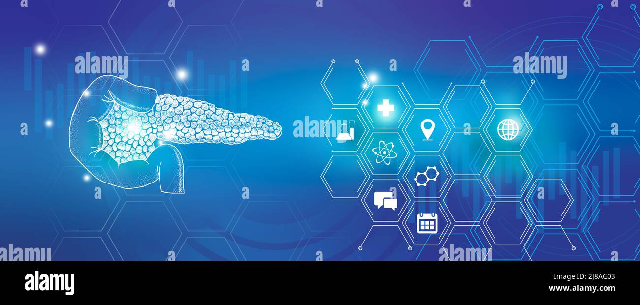 Human internal organ Pancreas disease research and recovery. Blue ...
