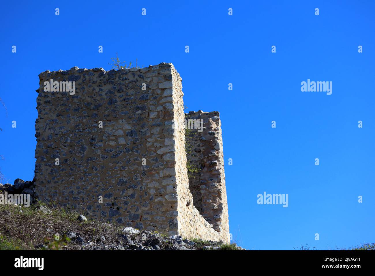 Rocca Calascio, view of ruins of mountaintop medieval fortress. The ...