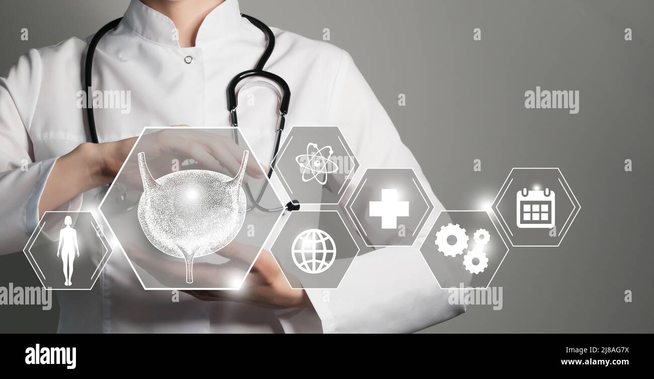 Telemedicine and human urinary system recovery concept. Grey color ...