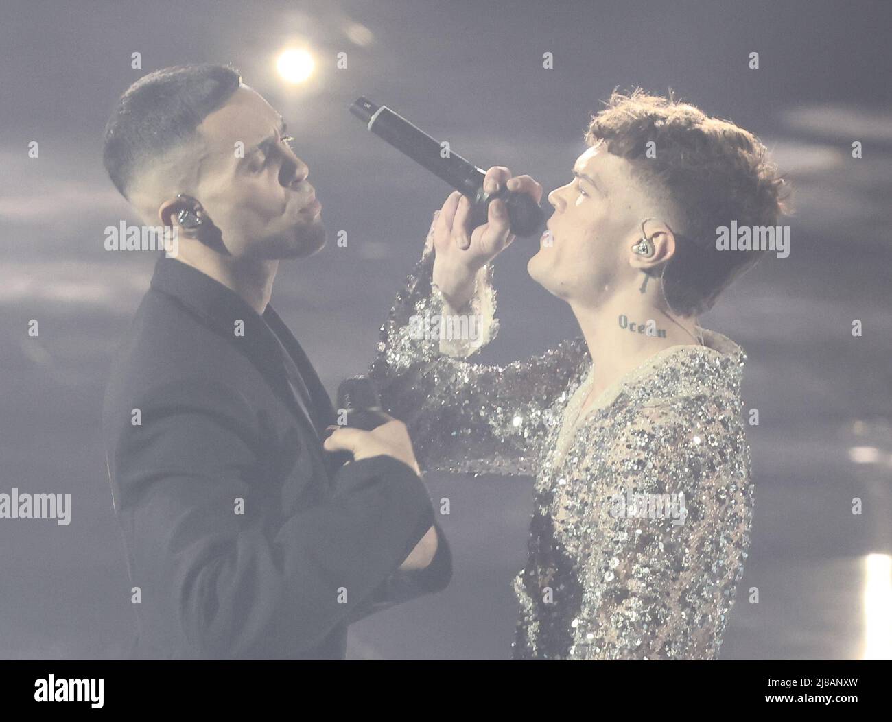 Turin, Italy. 14th May, 2022. Mahmood and Blanco from Italy sing the ...