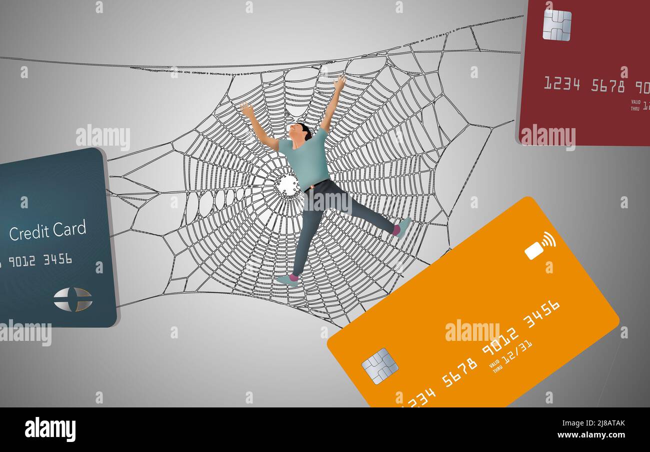 A man is caught in a spider’s web of credit card debt in this 3-d ...