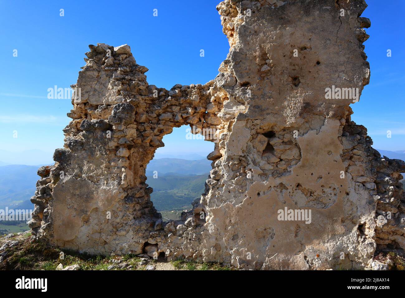 Rocca Calascio, view of ruins of mountaintop medieval fortress. The ...