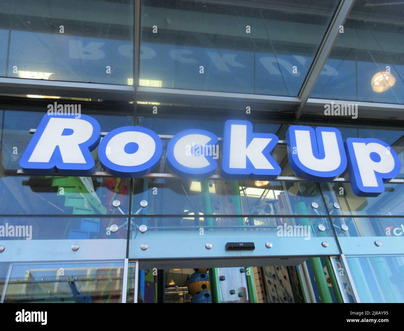 Rock Up Rock Climbing Shop Sign Stock Photo - Alamy