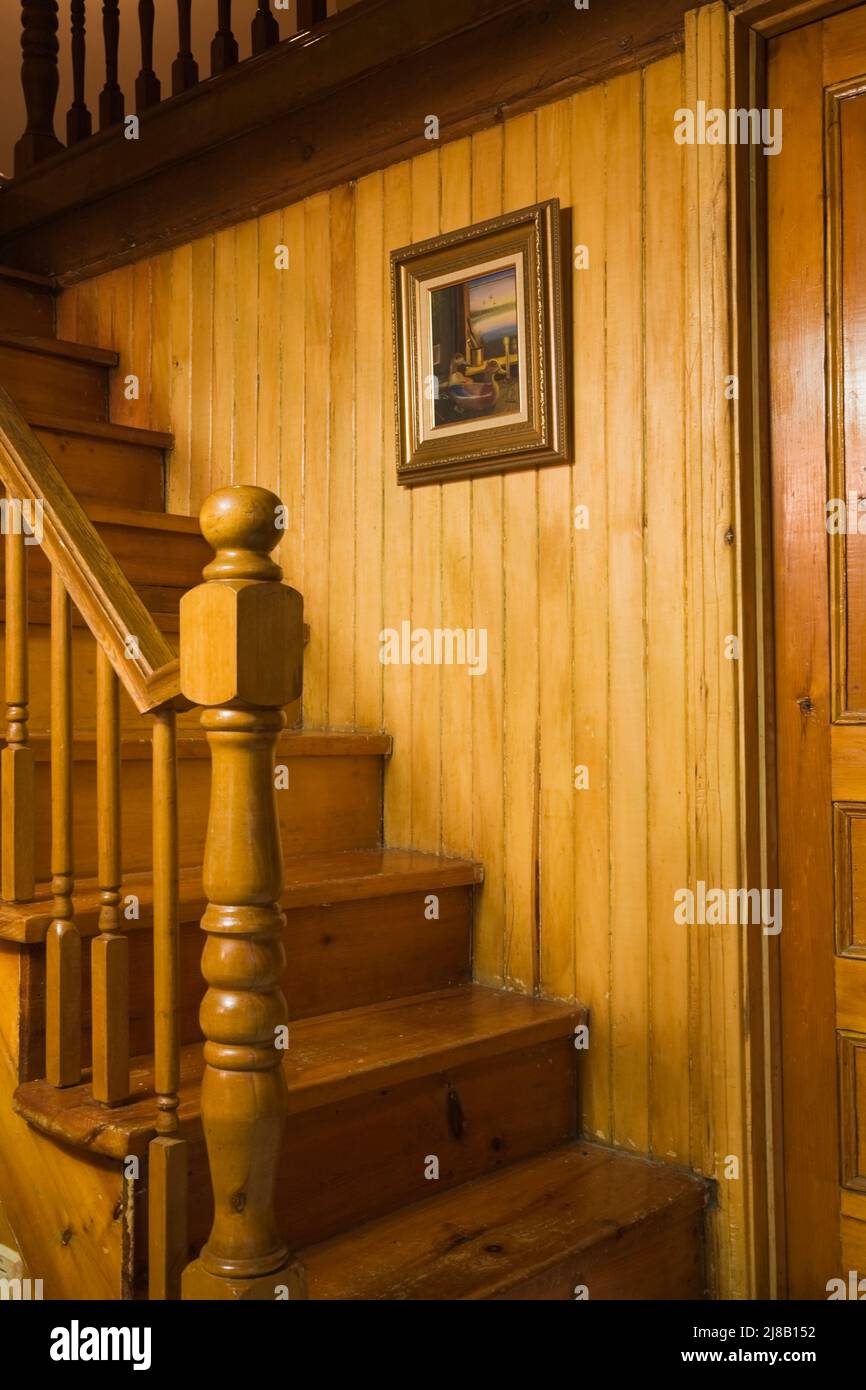 Pine wood staircase with turned newel post in old circa 1850 Canadiana ...