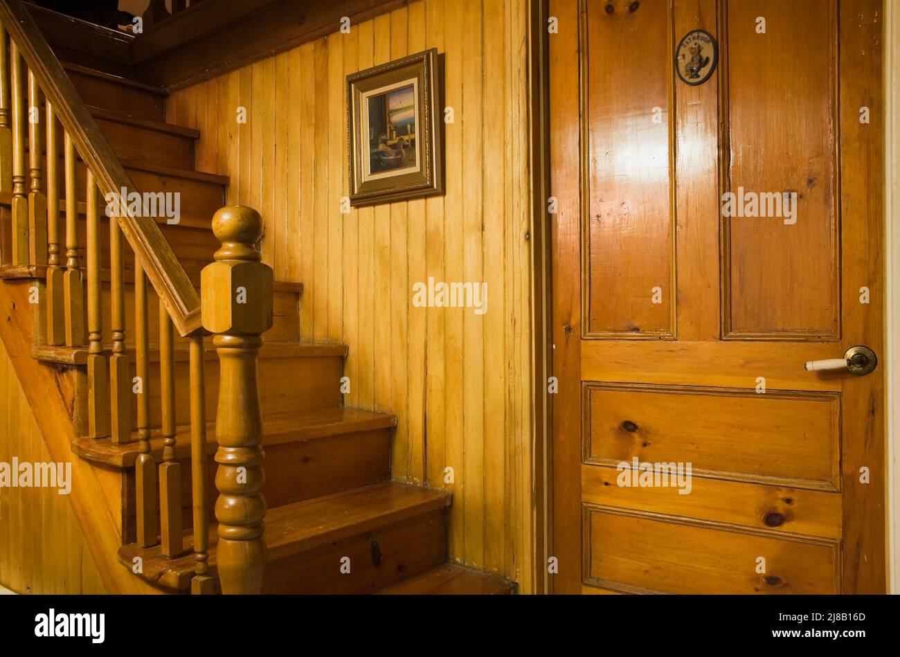 Pine wood staircase with turned newel post in old circa 1850 Canadiana ...