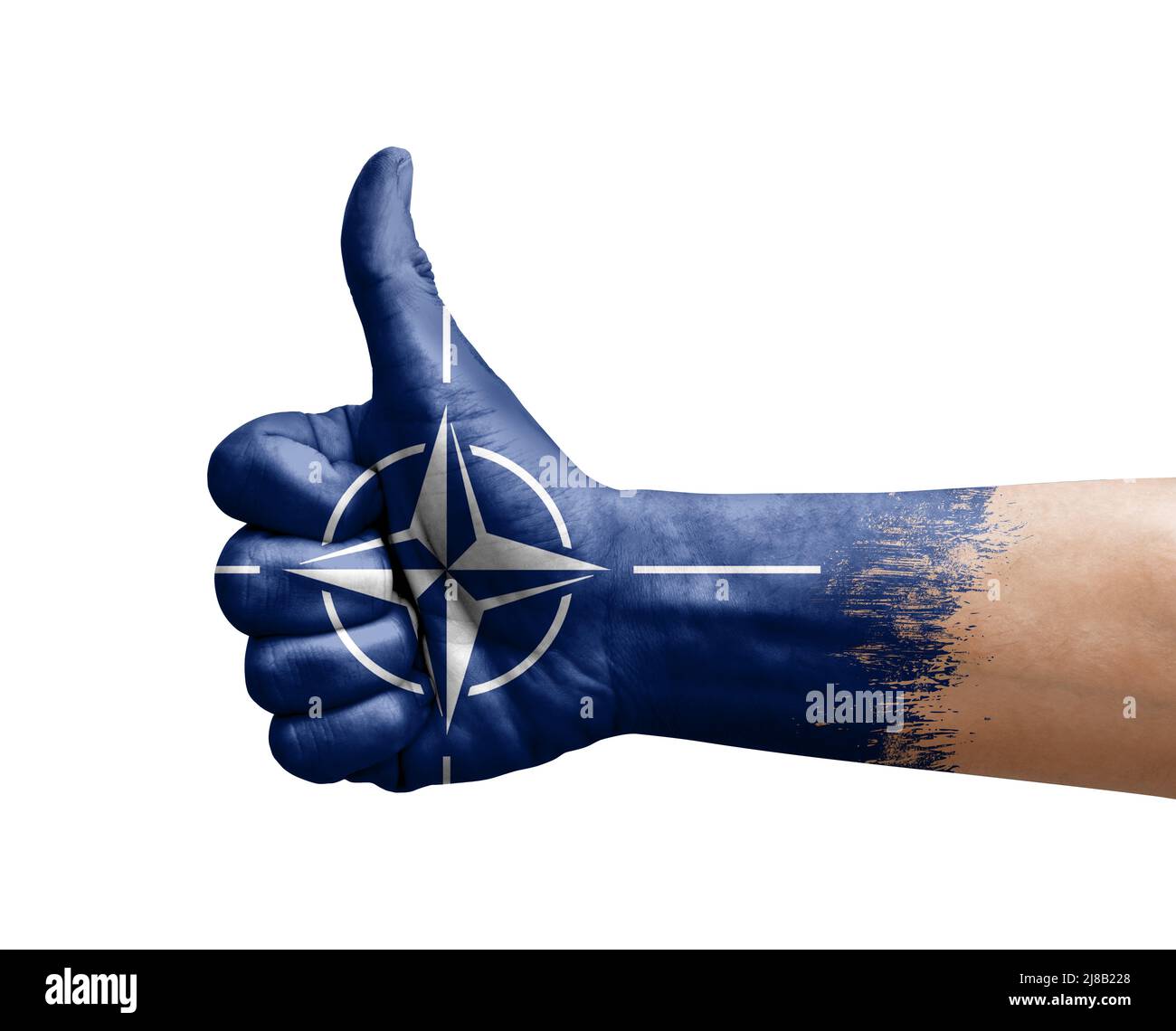 Hand making thumb up painted with flag of nato Stock Photo - Alamy