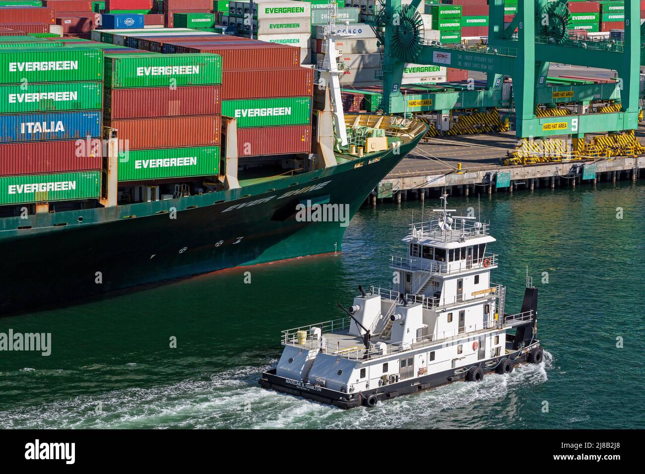 Tugboat & Evergreen container ship, Port of Los Angeles, San Pedro ...