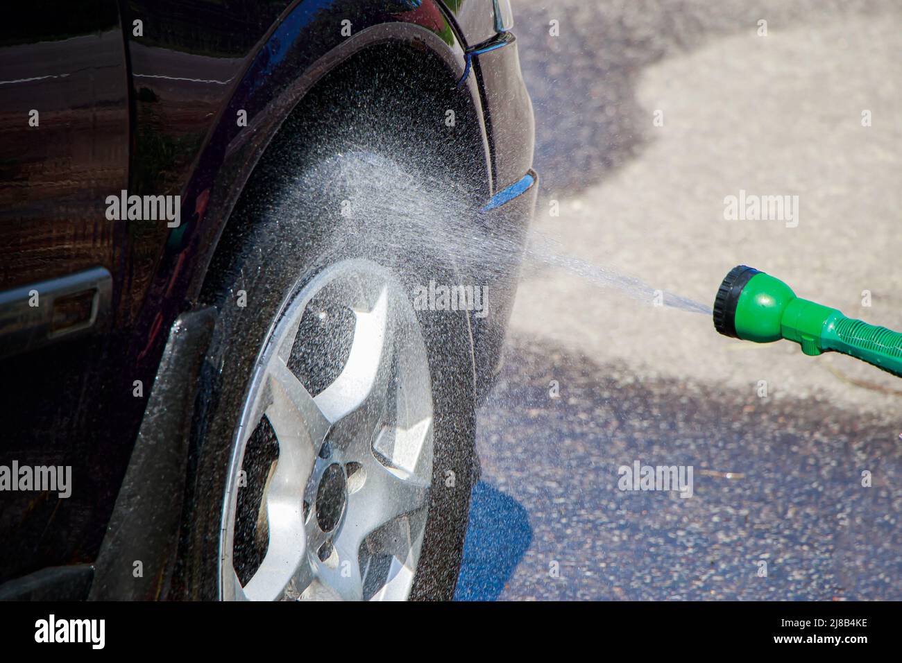 Man washes car wheel. Male hand holds pink sponge with soapy foam for ...