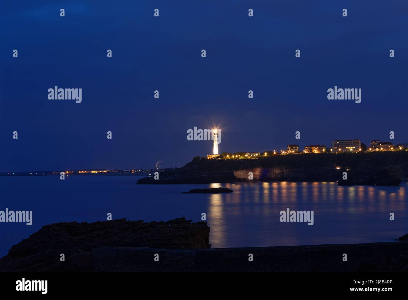 The night view of Anget-Biarritz lighthouse, France Stock Photo - Alamy