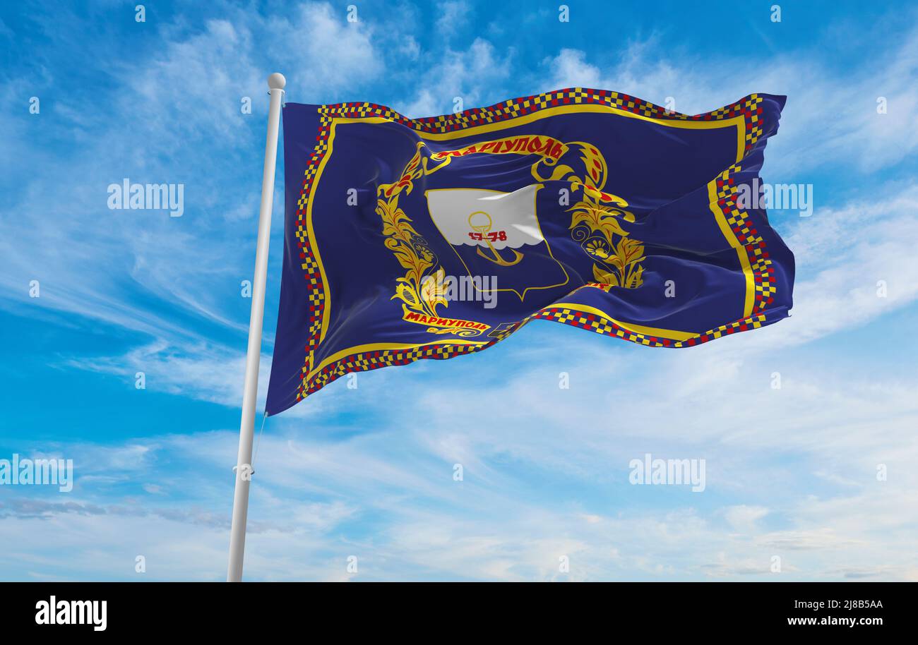 flag of Mariupol, Ukraine at cloudy sky background on sunset, panoramic ...