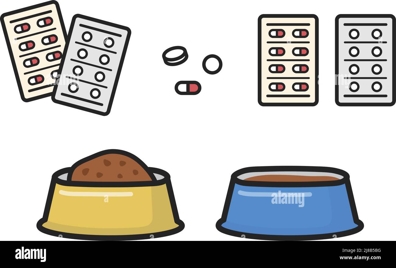 Pet owners mix medicines with pet food trying to cure the pet. Vector ...