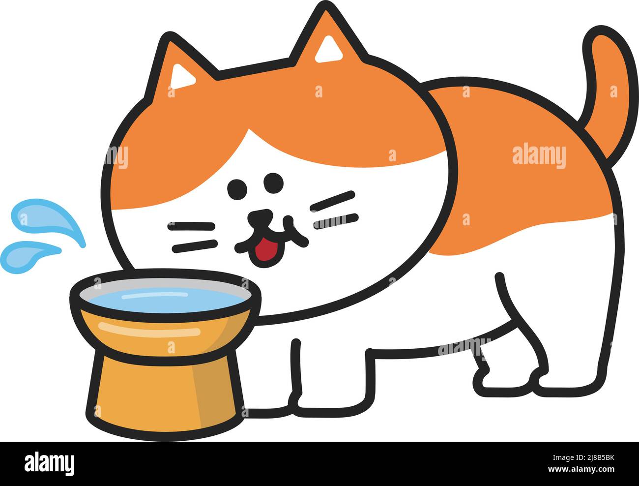 Cartoon tabby cat lapping water from an elevated bowl happily, vector ...