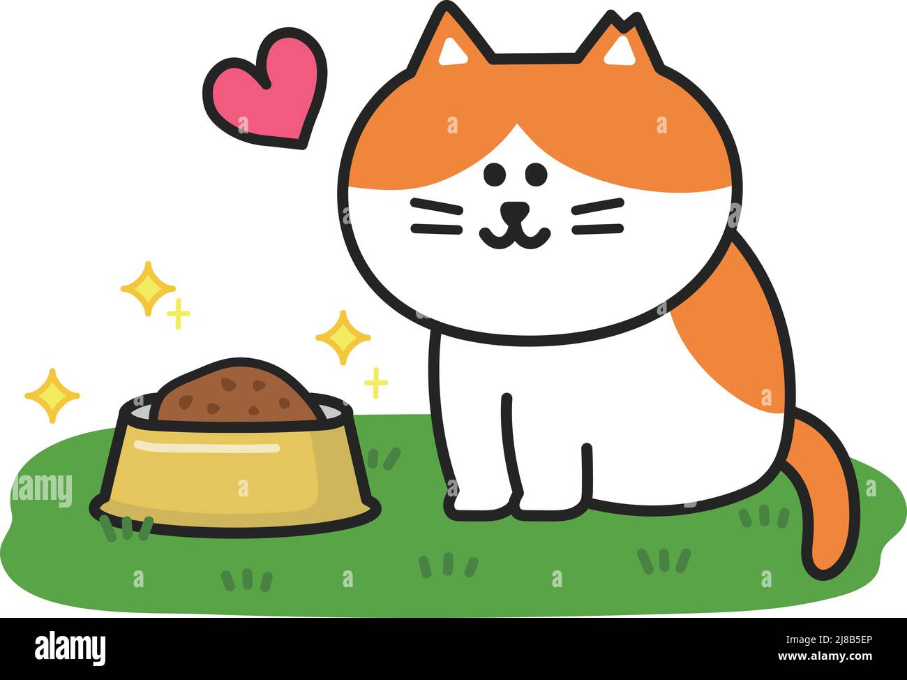 The cat finds the cat food in a pet bowl. Vector illustration isolated ...