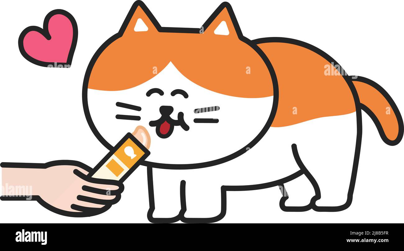 Happy cat having a delicious tube of pasty pet treat. Vector ...