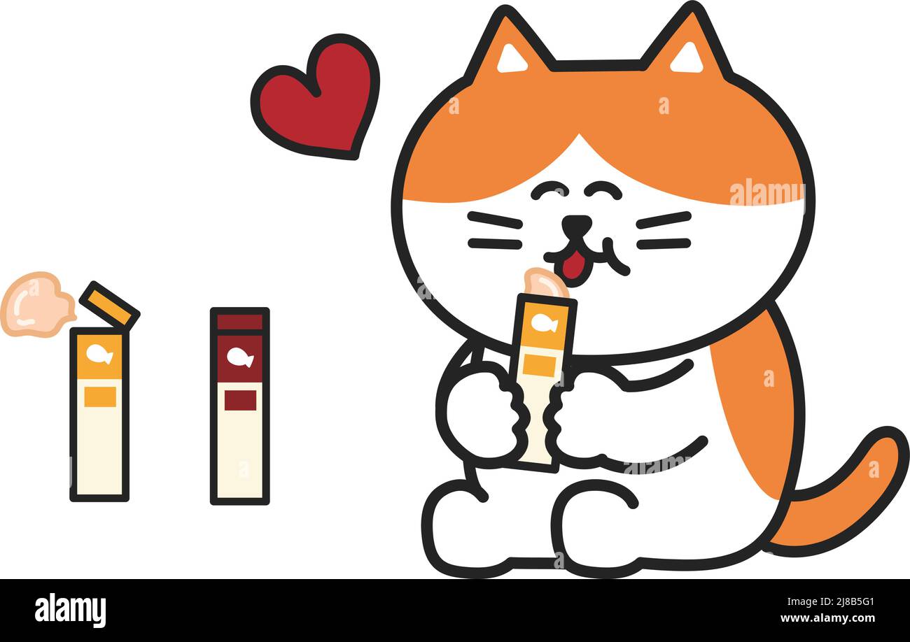 Happy cat having a delicious tube of pasty pet treat. Vector ...