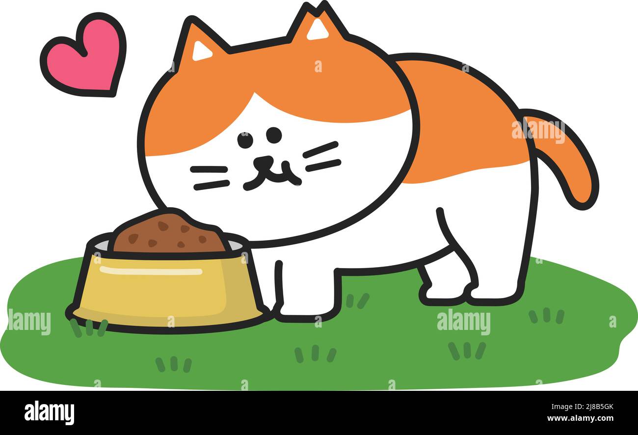 Happy cat having delicious food in the garden. Vector illustration ...