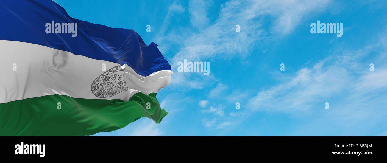 official flag of Unofficial Jamtland , Sweden at cloudy sky background ...