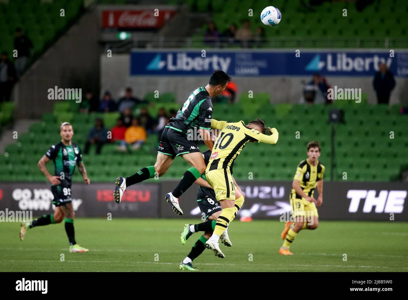 MELBOURNE, AUSTRALIA - MAY 14: Tomoki Imai of Western United heads the ...