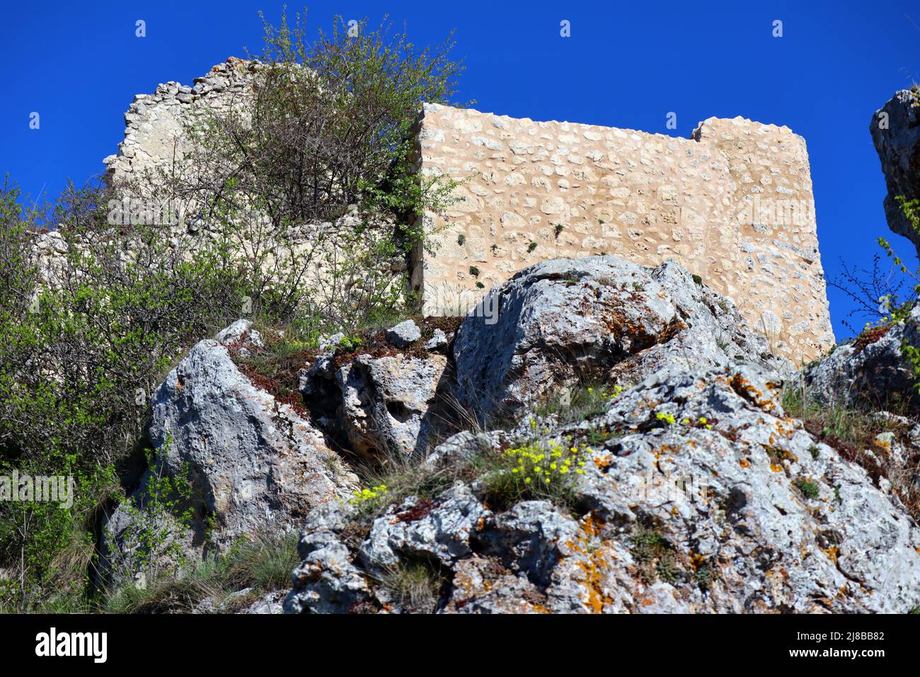 Rocca Calascio, view of ruins of mountaintop medieval fortress. The ...