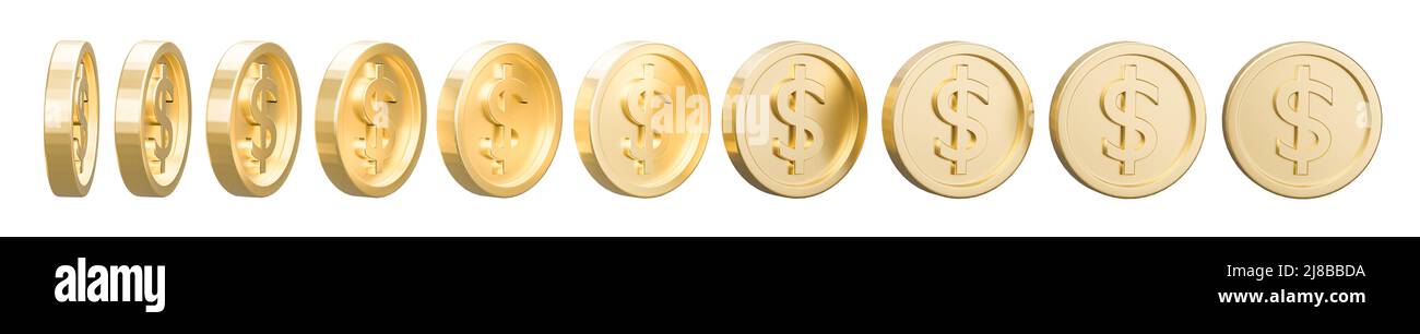 Set of golden dollar coin in different shape on white background. 3d ...