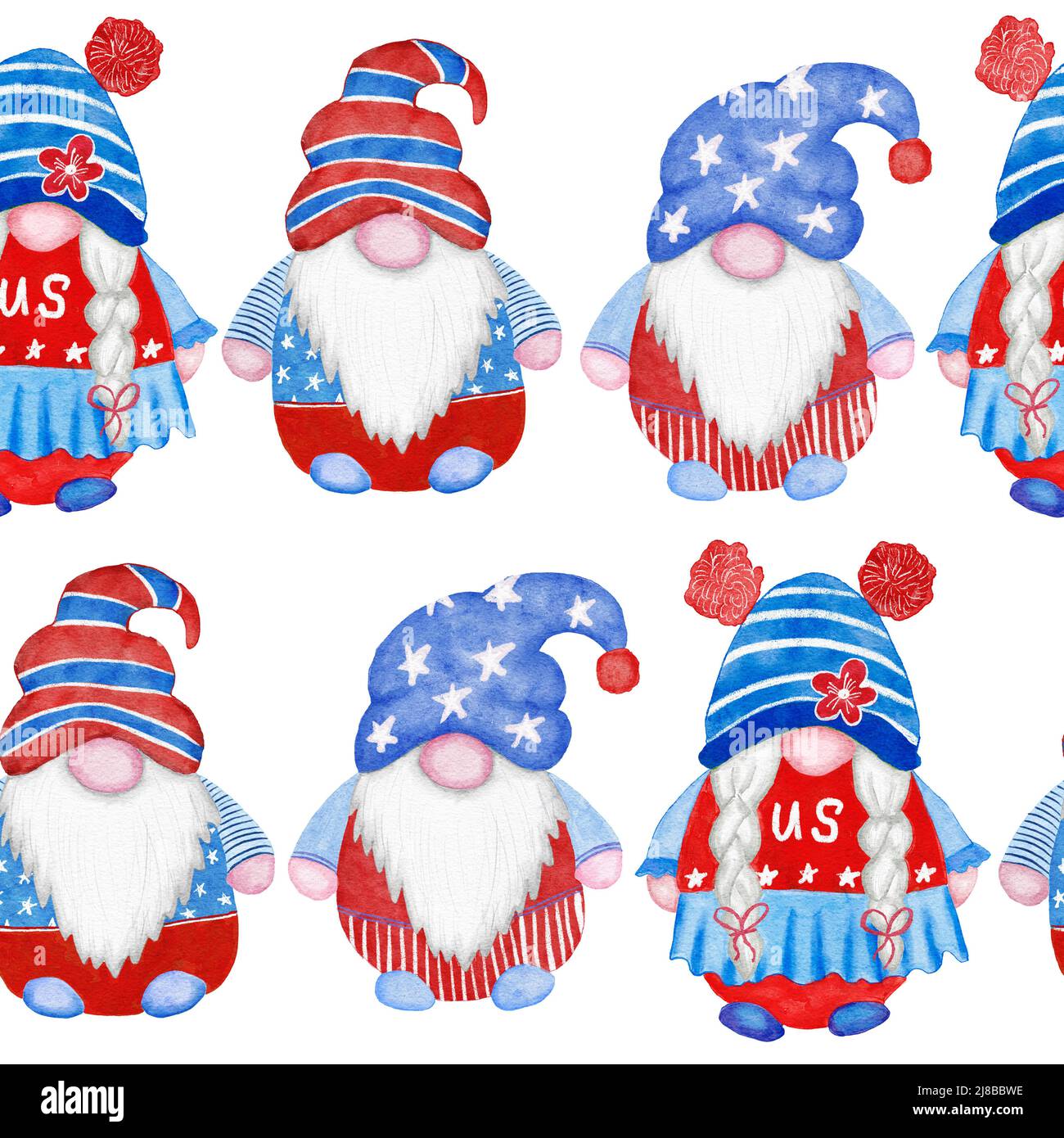 Watercolor hand drawn seamless border with 4th of july gnomes ...
