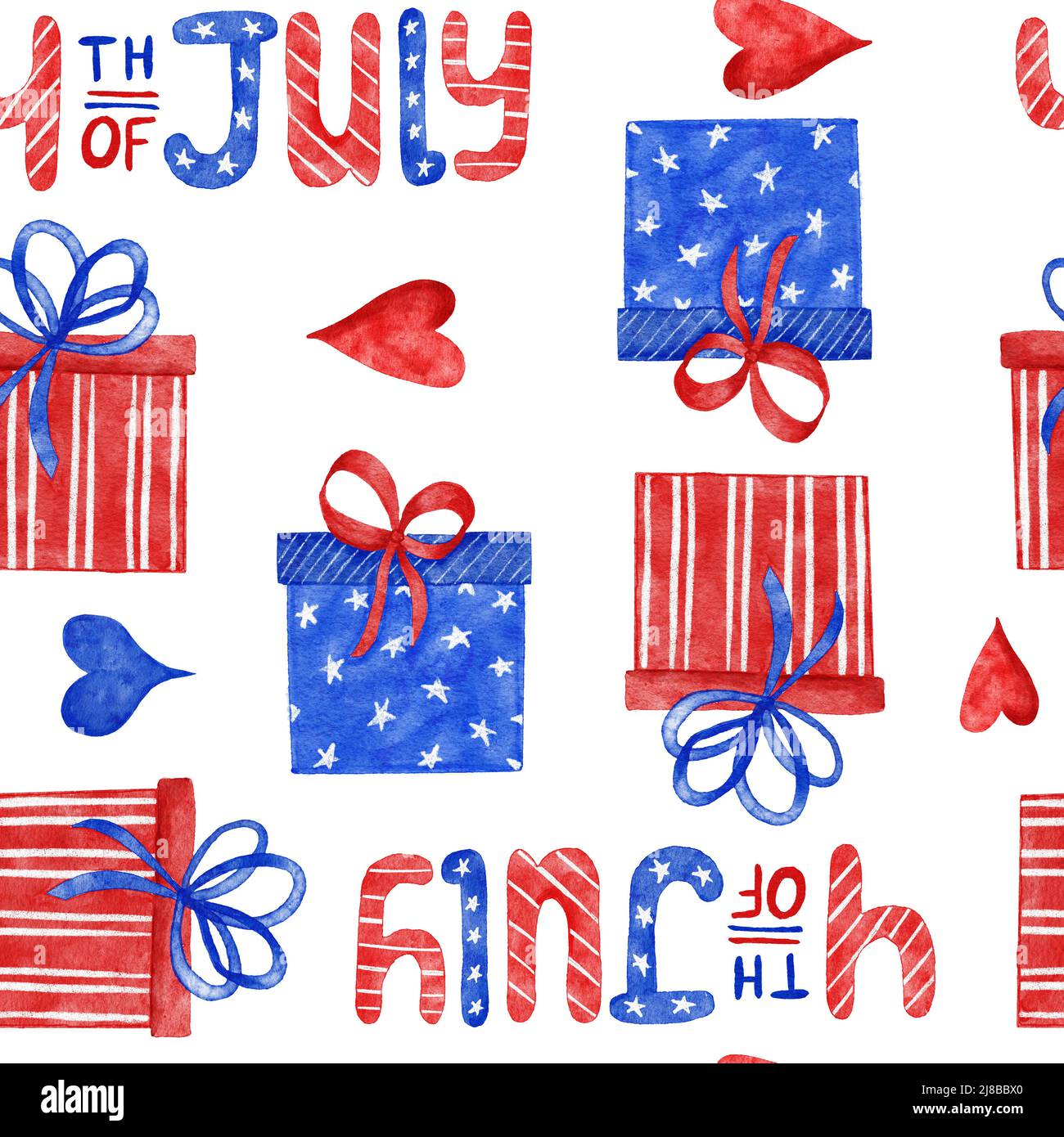 Watercolor hand drawn seamless patriotic american pattern with 4th of ...