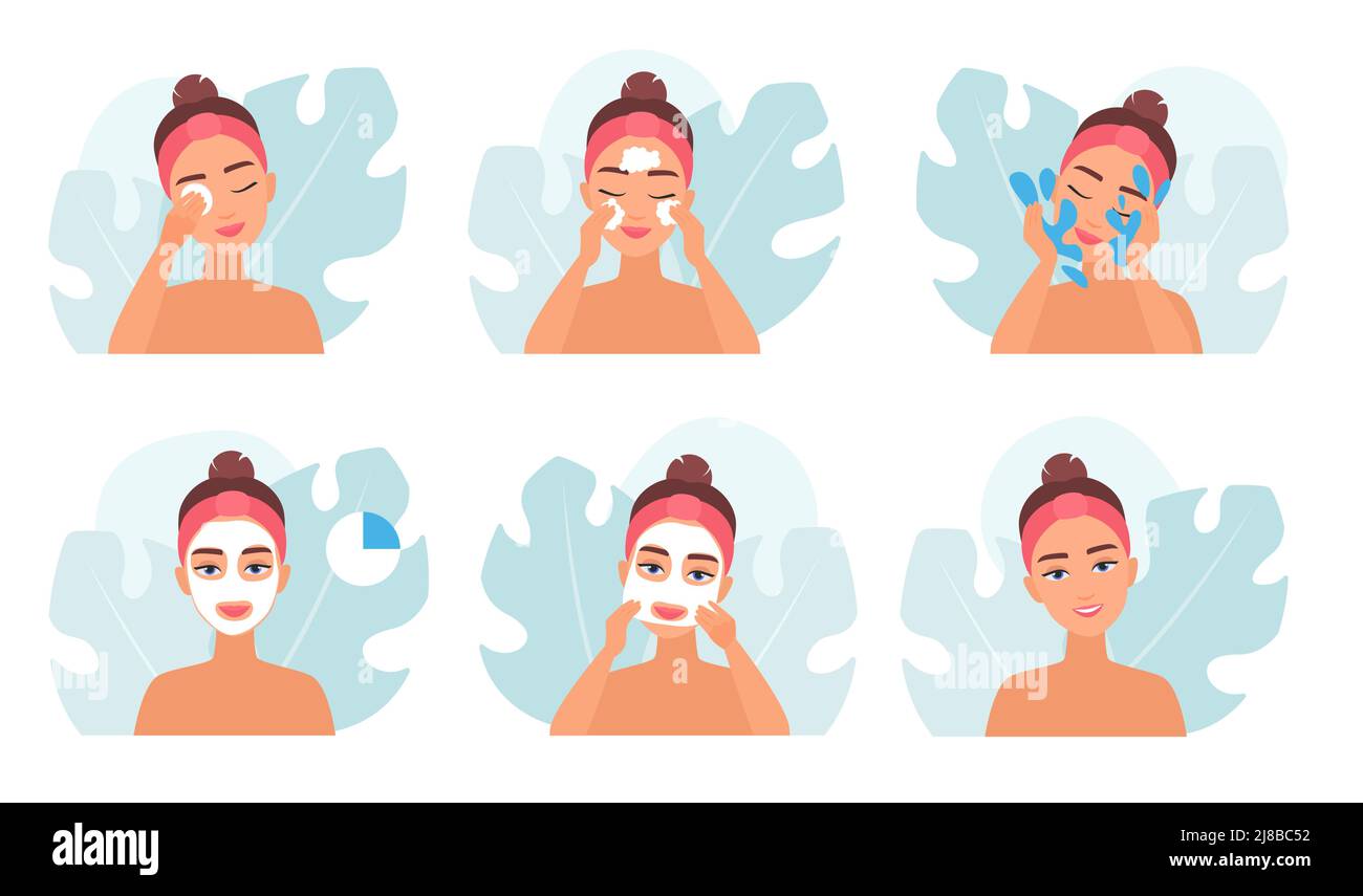 Facial skin care steps set in routine of girl vector illustration ...