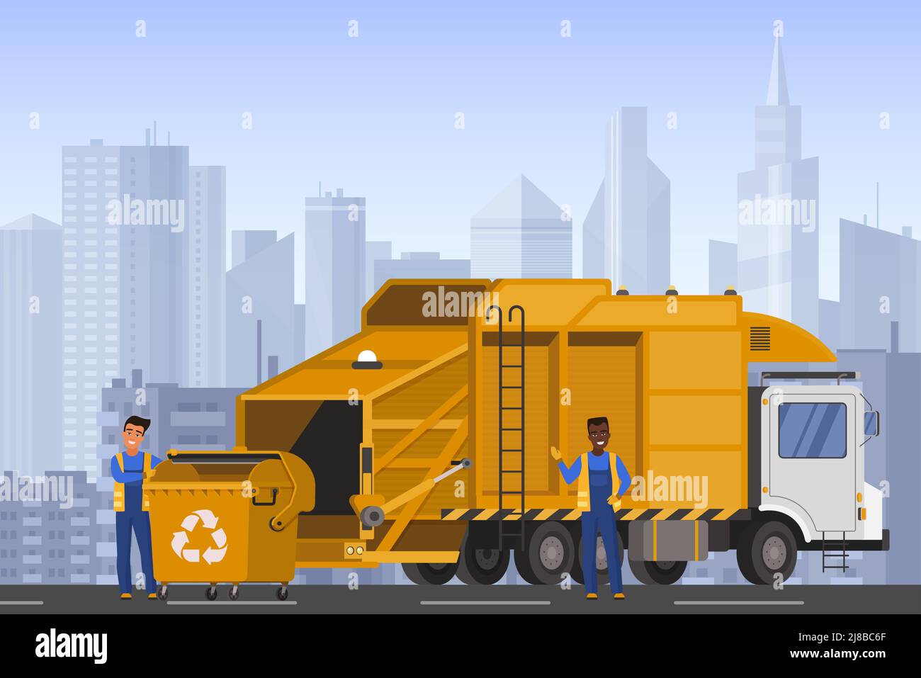 Garbage truck and workers of municipal service work on city street with ...