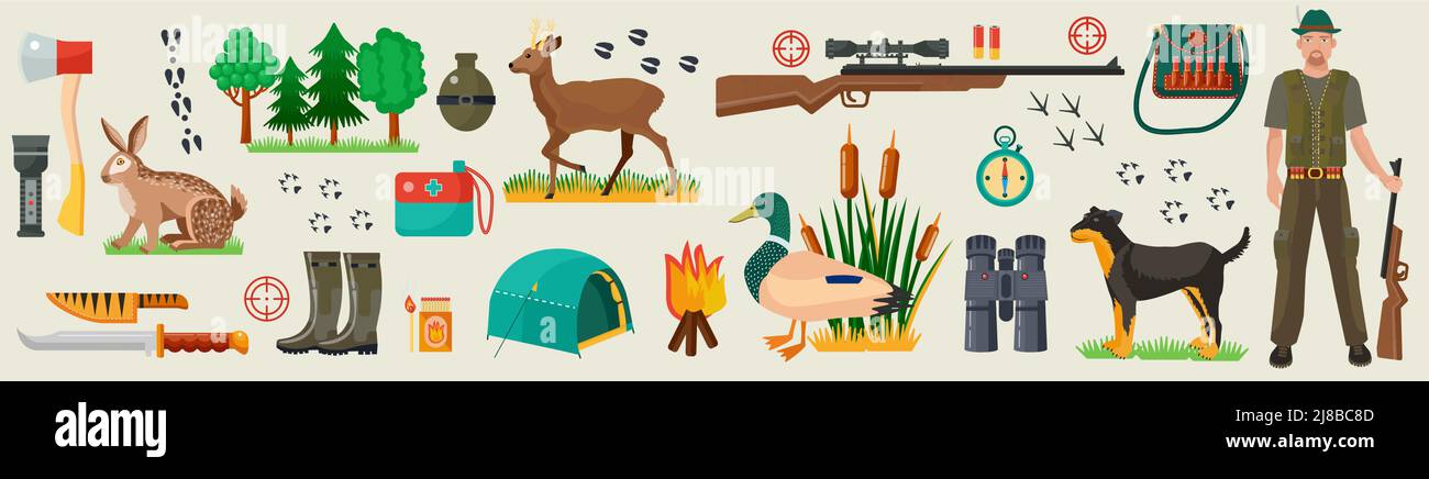 Hunter character, forest and hunting ammunition set vector illustration ...
