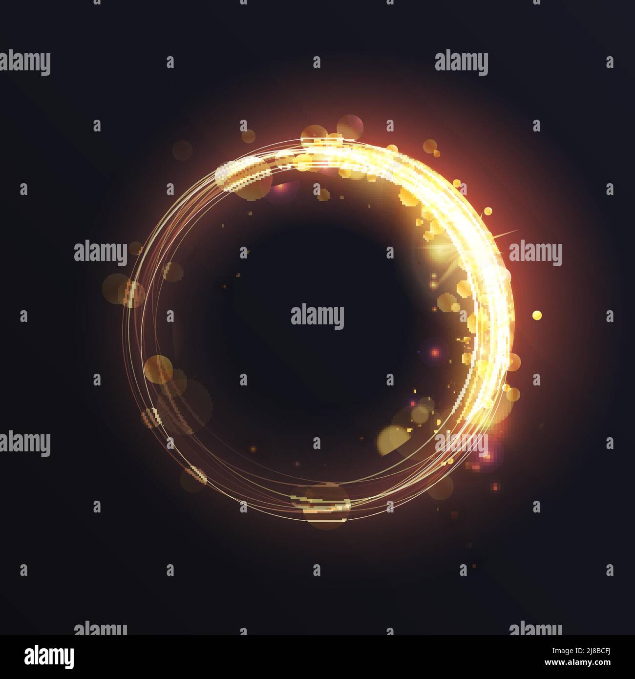 Gold luminous spark ring, abstract light frame effect vector illustration. Magic glowing round ...