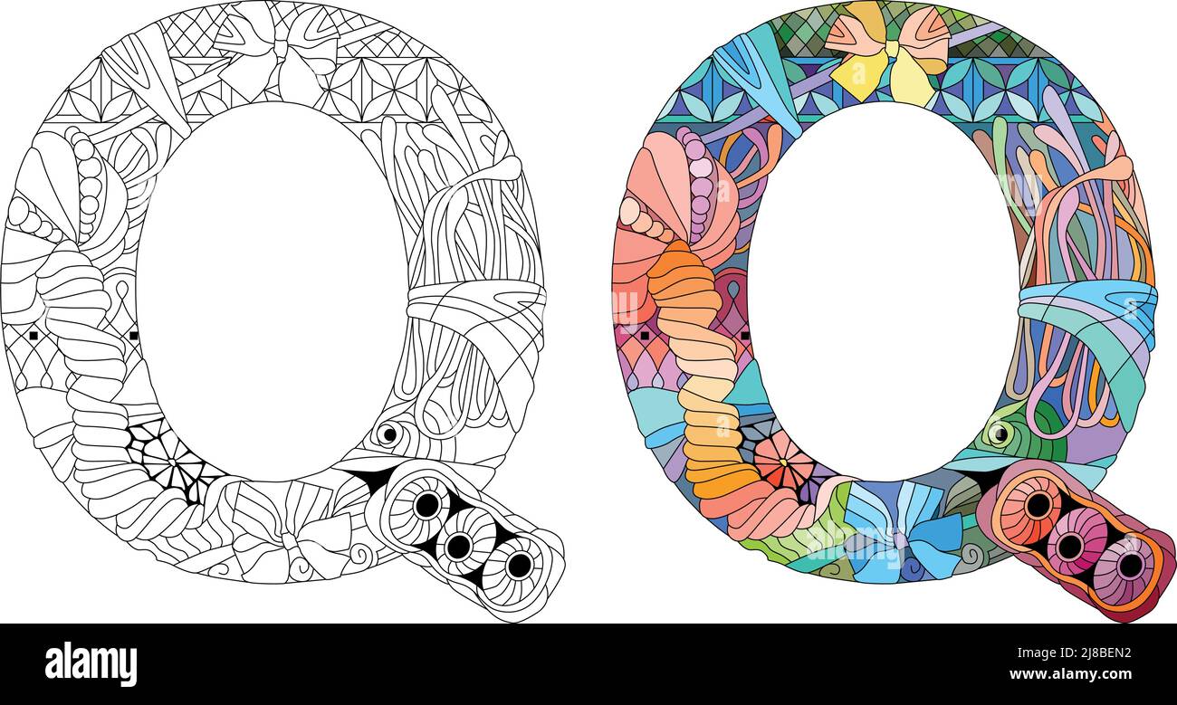 Zentangle stylized alphabet - letter Q for coloring. Vector ...