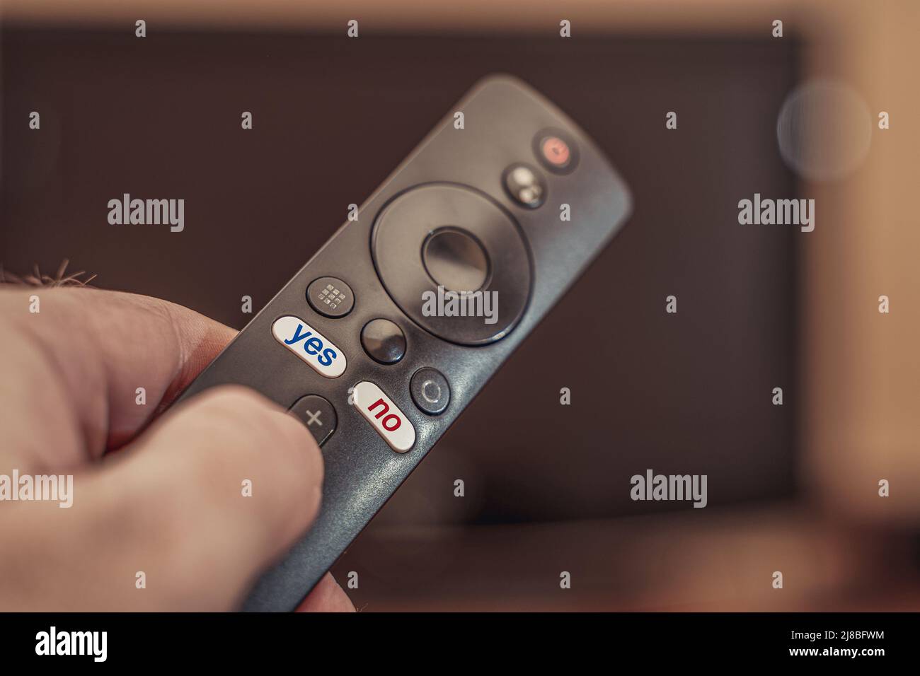 TV remote in hand with yes and no button labels. The inscription No in ...