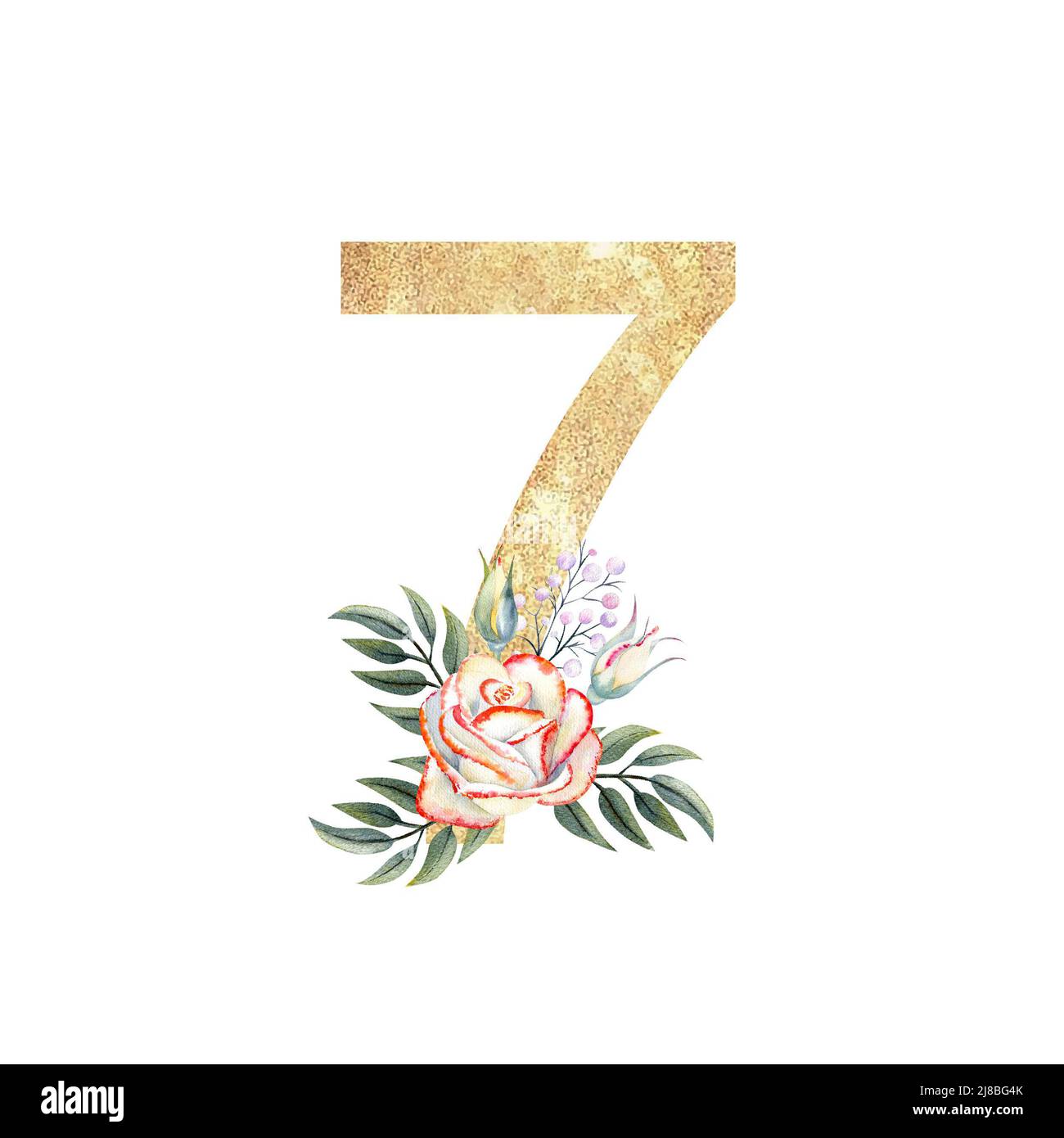Golden number 7 with a bouquet of pink roses on a white isolated ...