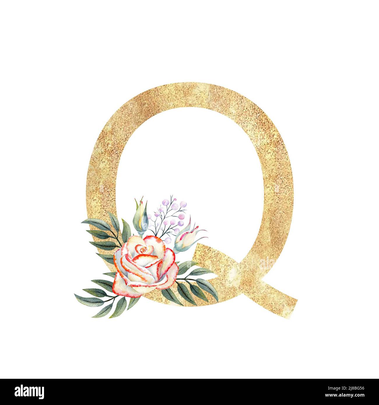 Golden letter Q of the English alphabet with a bouquet of pink roses on ...