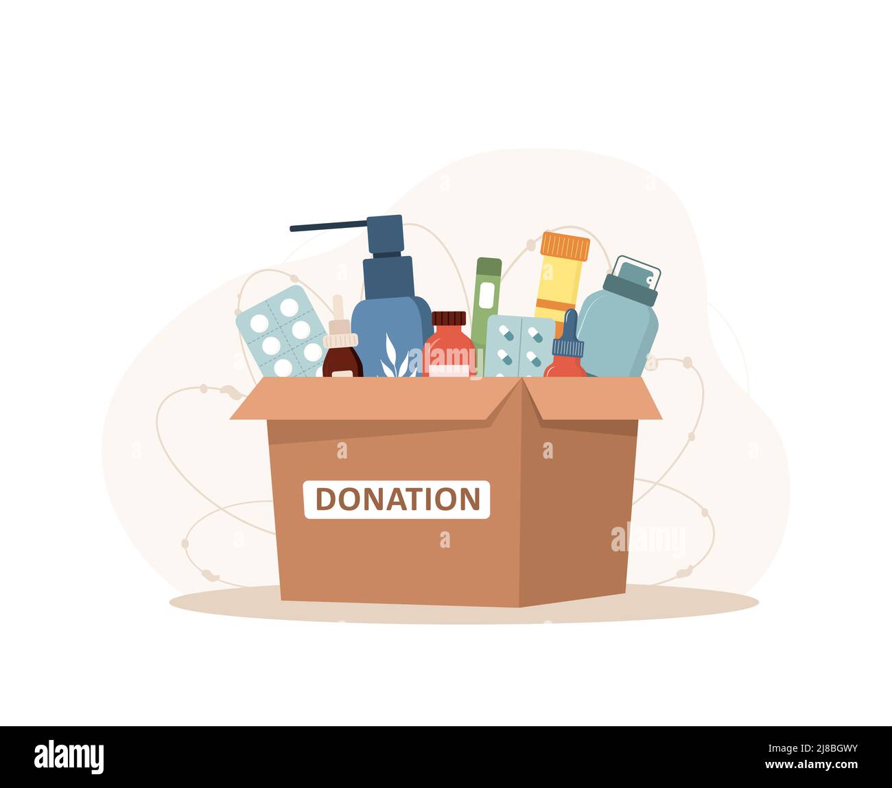 Medicines donation. Cardboard box full of different drugs and vitamins ...
