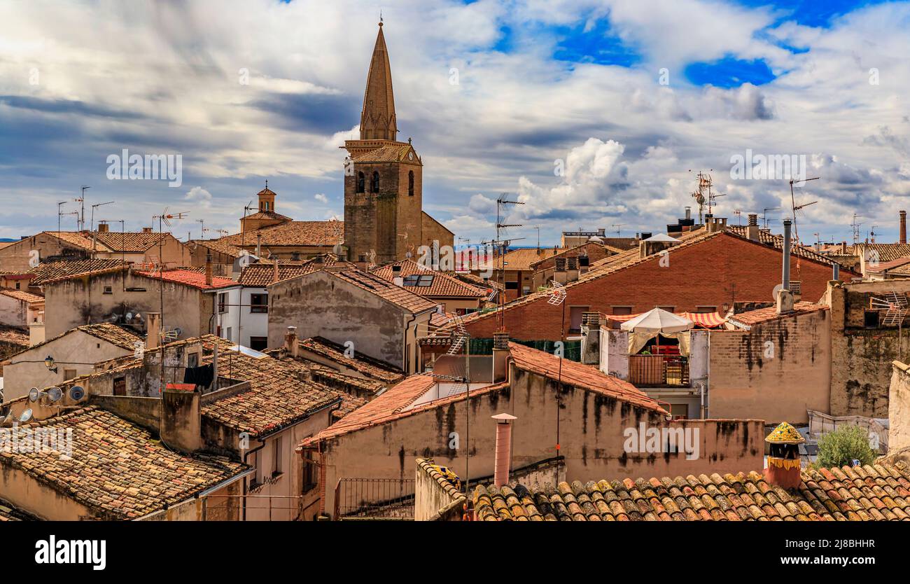 Aerial view of terracotta tiles of the roofs of medieval stone houses ...