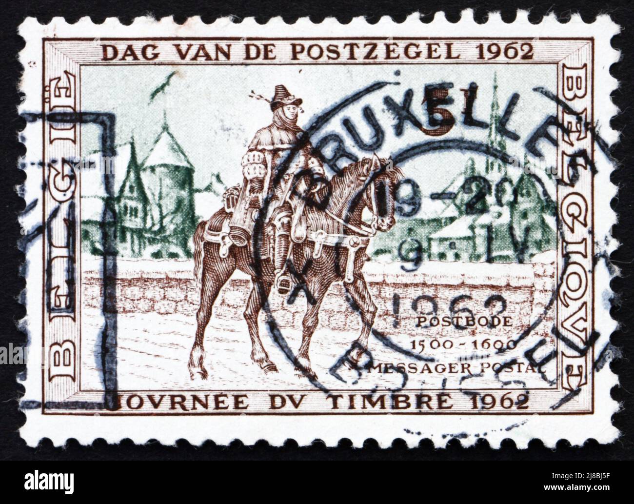 BELGIUM - CIRCA 1962: a stamp printed in the Belgium shows Postrider, 16th Century, Belgium ...