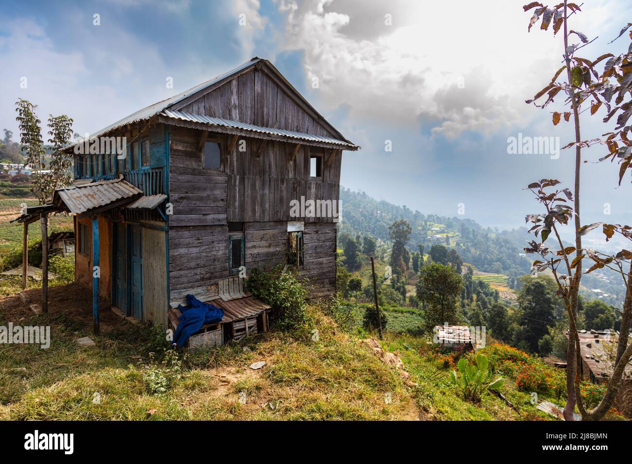 Nepal - October 28, 2021: Old Nepalese wooden house in the mountains ...